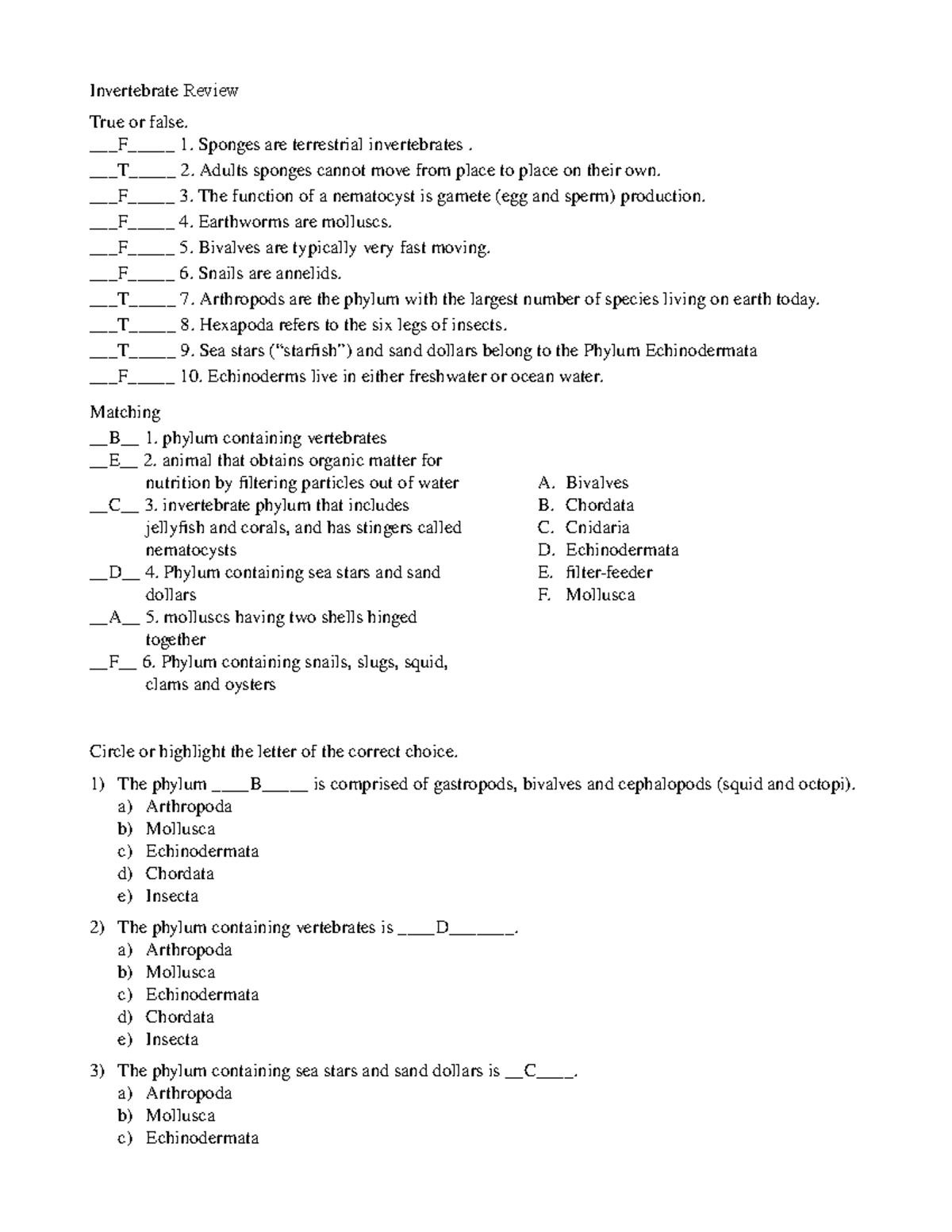 Animal worksheet 20211 - Invertebrate Review True or false. F__ 1 ...