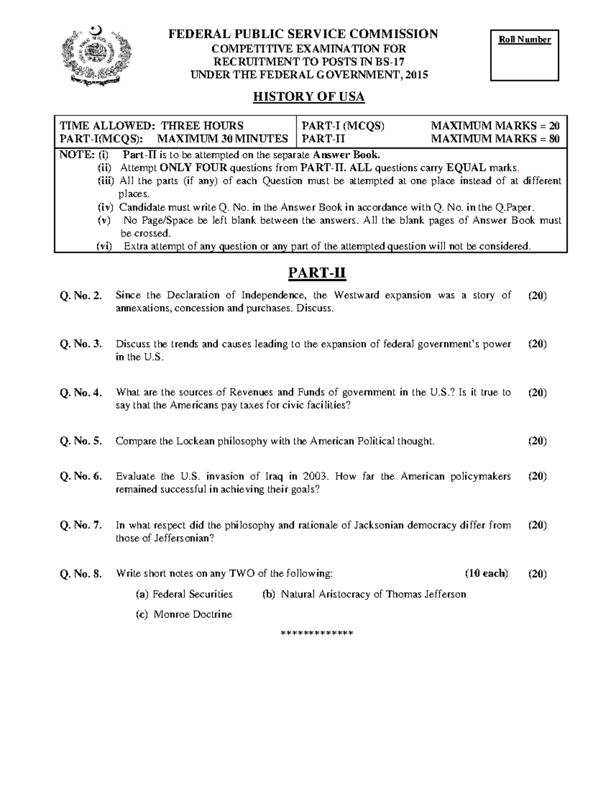 History Of USA Past Papers TIME ALLOWED THREE HOURS PART I MCQS