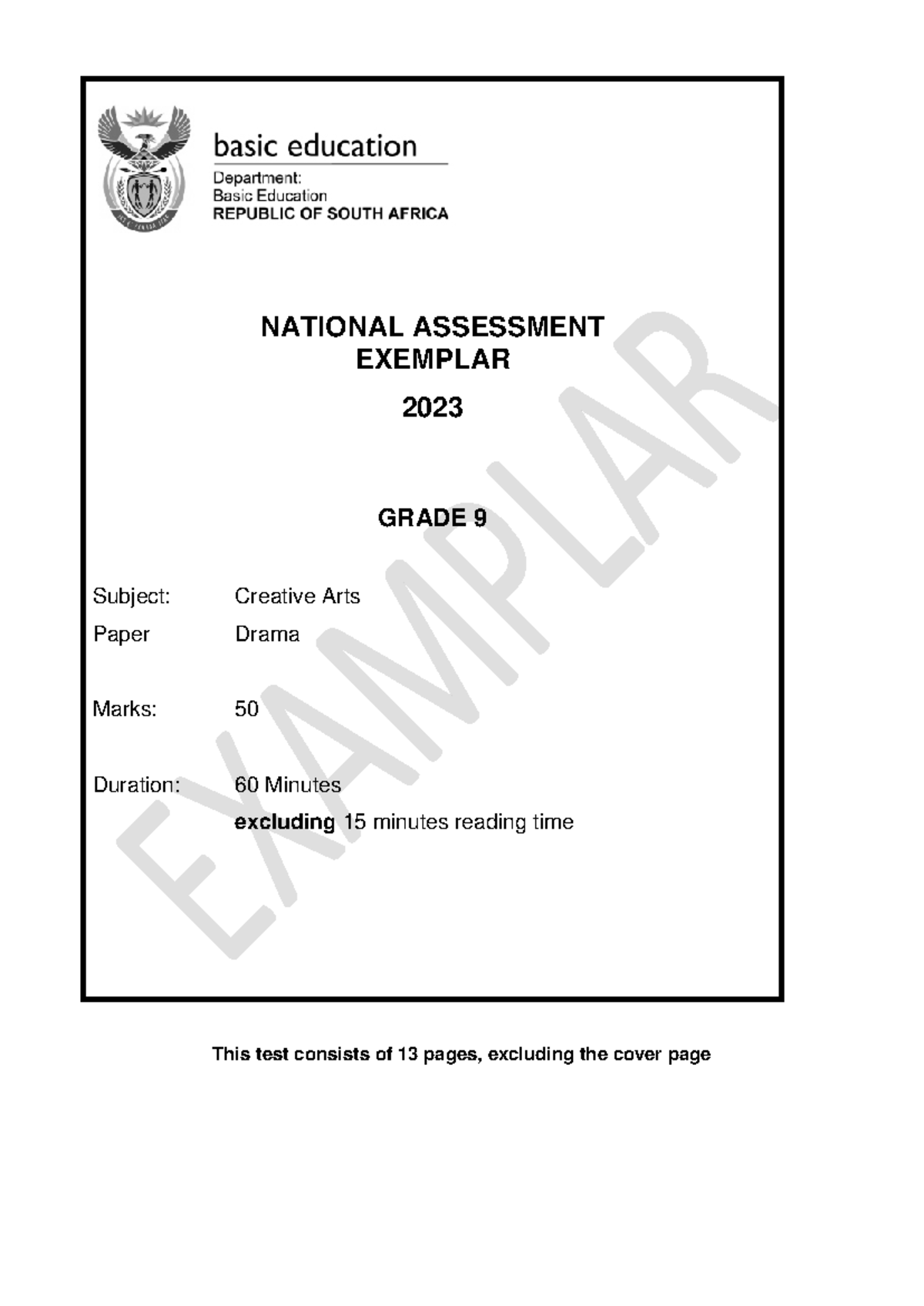 Grade 9 Drama English Test - NATIONAL ASSESSMENT EXEMPLAR 2023 GRADE 9 ...