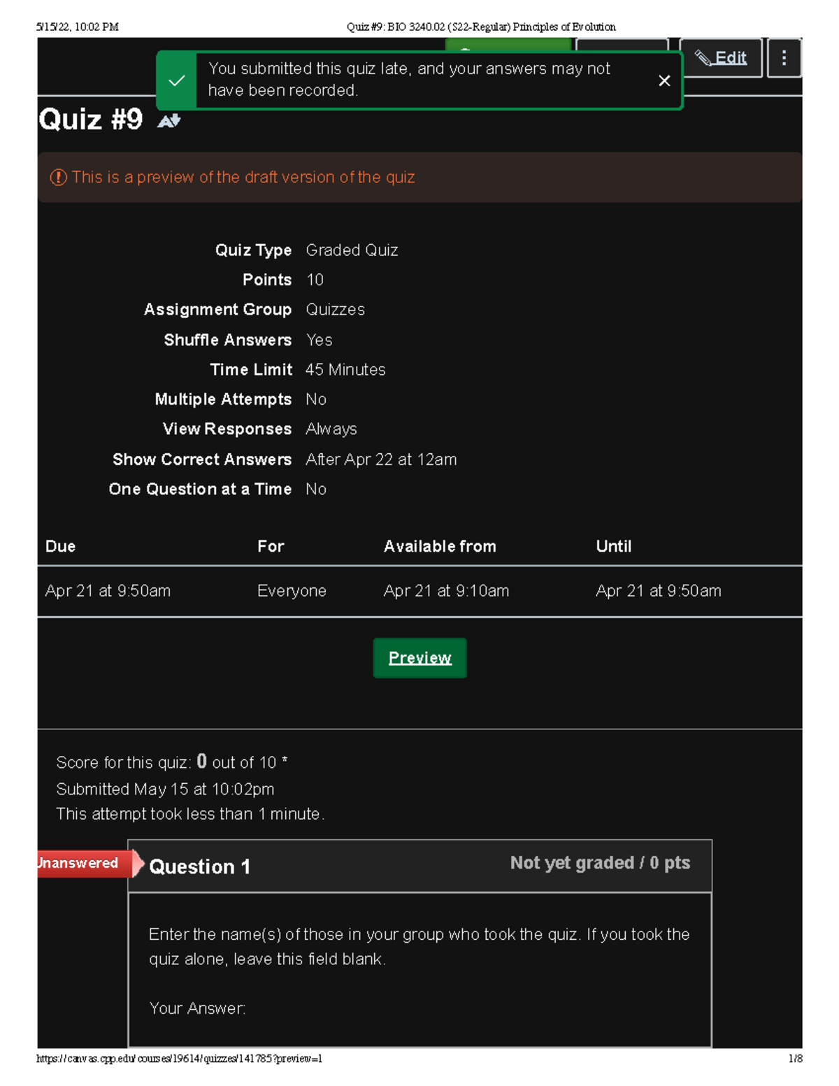 Quiz #9 BIO 3240.02 (S22-Regular) Principles of Evolution - Quiz Type ...