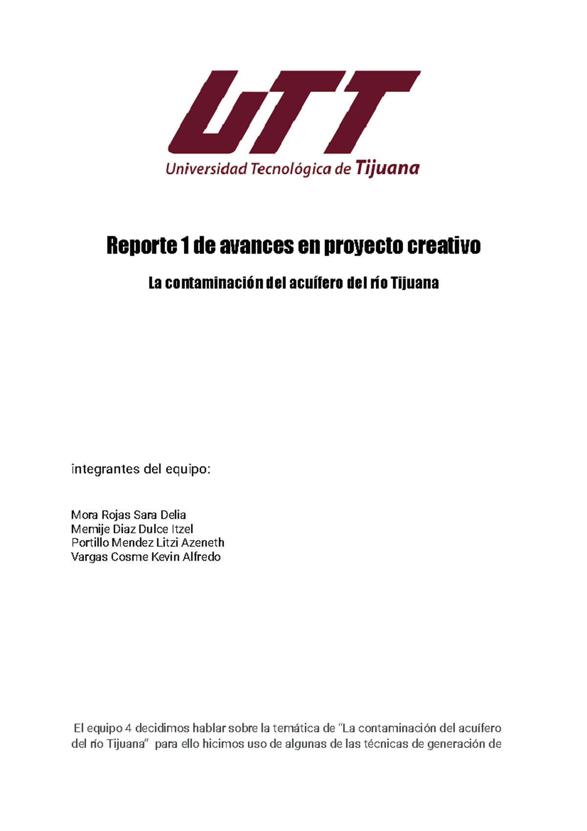 Reporte 1 de avances en proyecto creativo - Reporte 1 de avances en ...
