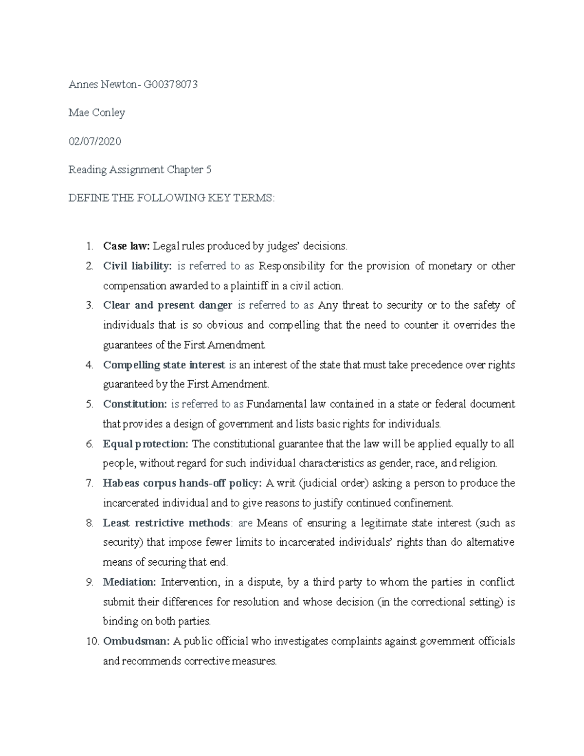 Corrections reading assignment chapter 5 - Annes Newton- G Mae Conley 02/07/ Reading Assignment ...