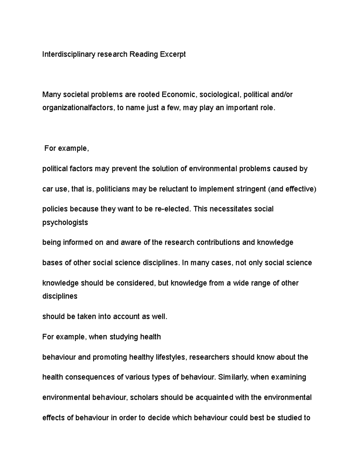Interdisciplinary research Reading Excerpt - For example, political ...