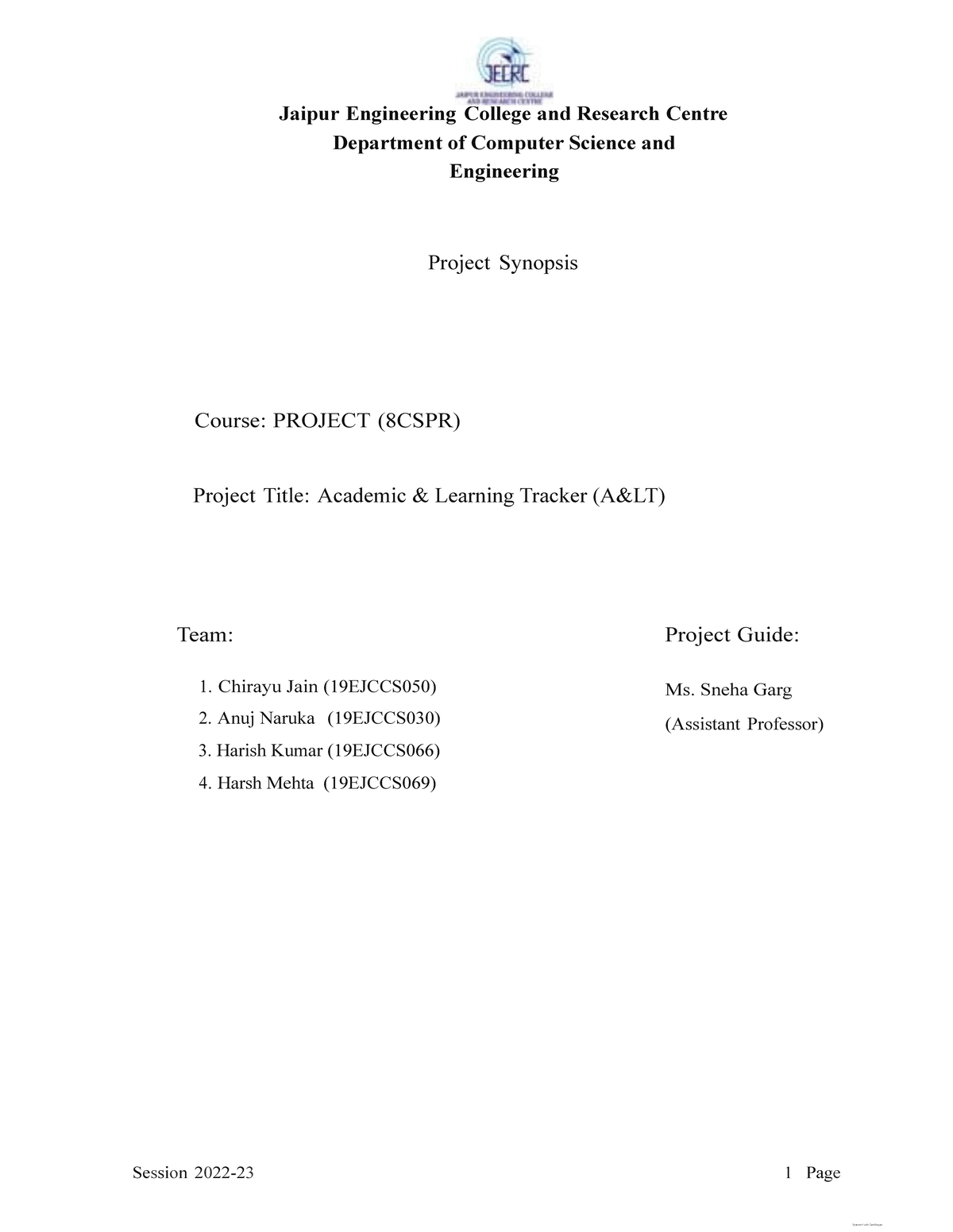 Project Synopsis - Jaipur Engineering College and Research Centre ...