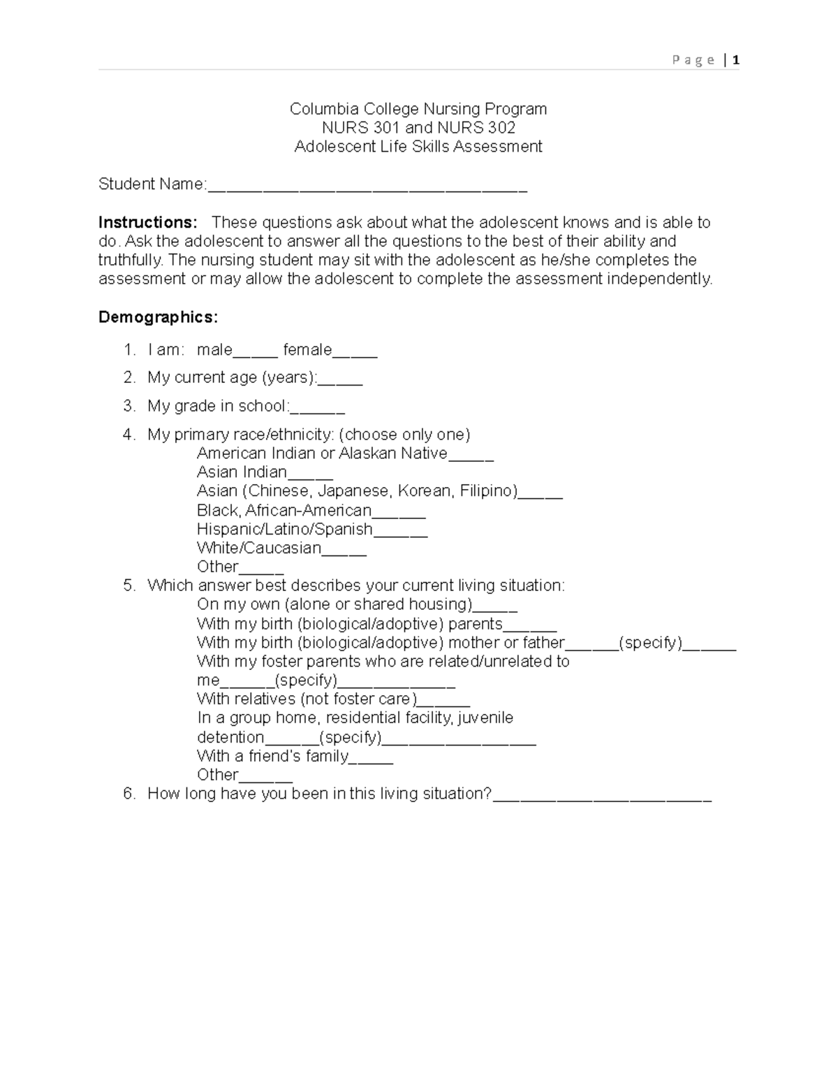 Adolescent Life Skills Assessment - Columbia College Nursing Program ...