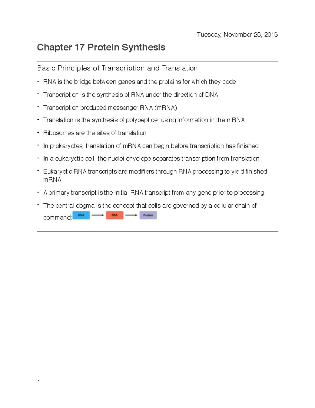 Lecture notes, lectures 1 - 17 - Chapter 17 Protein Synthesis Basic ...