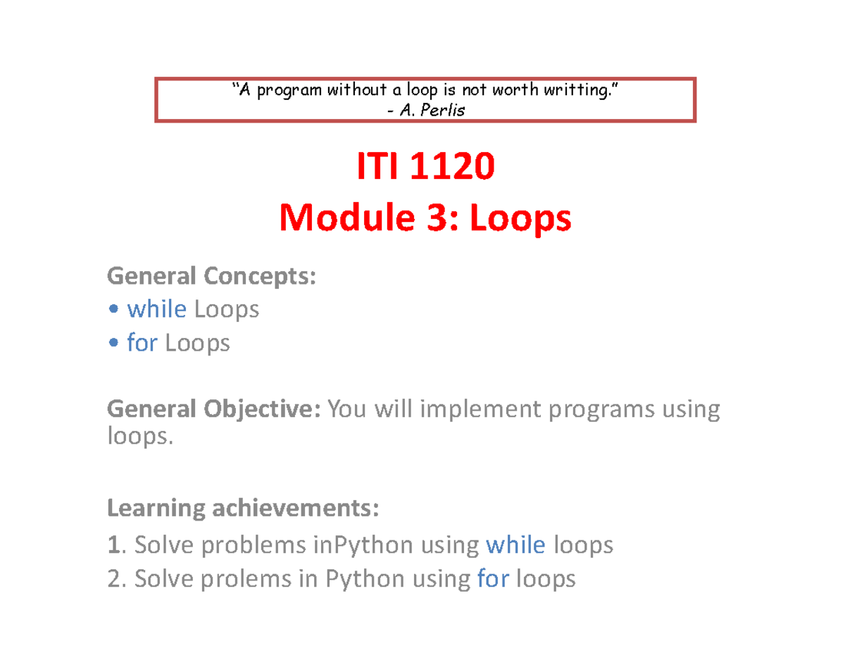 Loops - Lecture notes 4 - Warning: TT: undefined function: 32 ITI 1120 ...