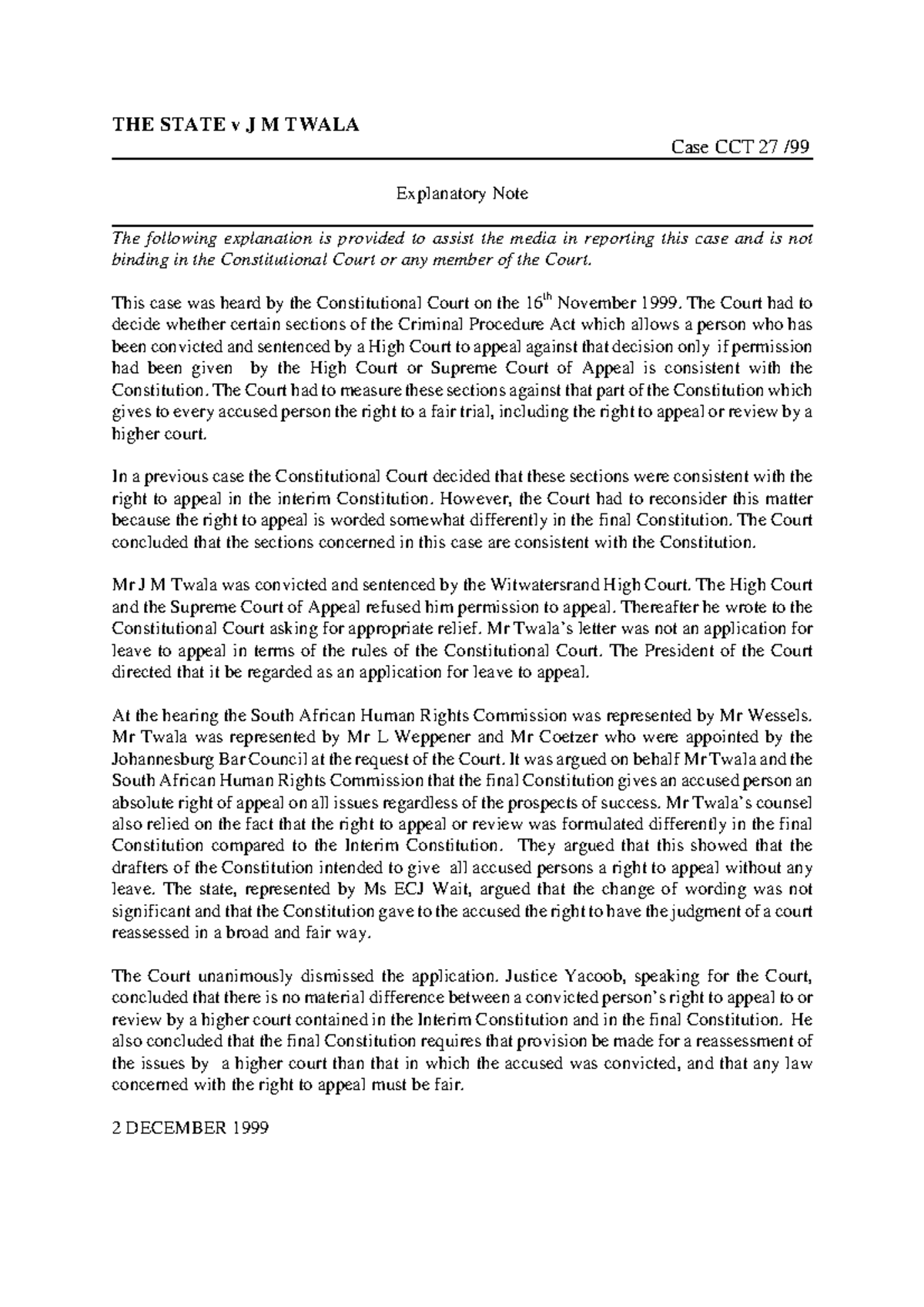 18media - S v twala criminal law case - THE STATE v J M TWALA Case CCT ...