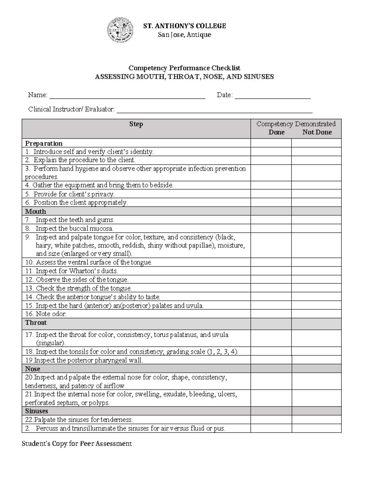 Assessing Mouth, Throat, Nose and Sinuses Checklist (PEER Assessment ...