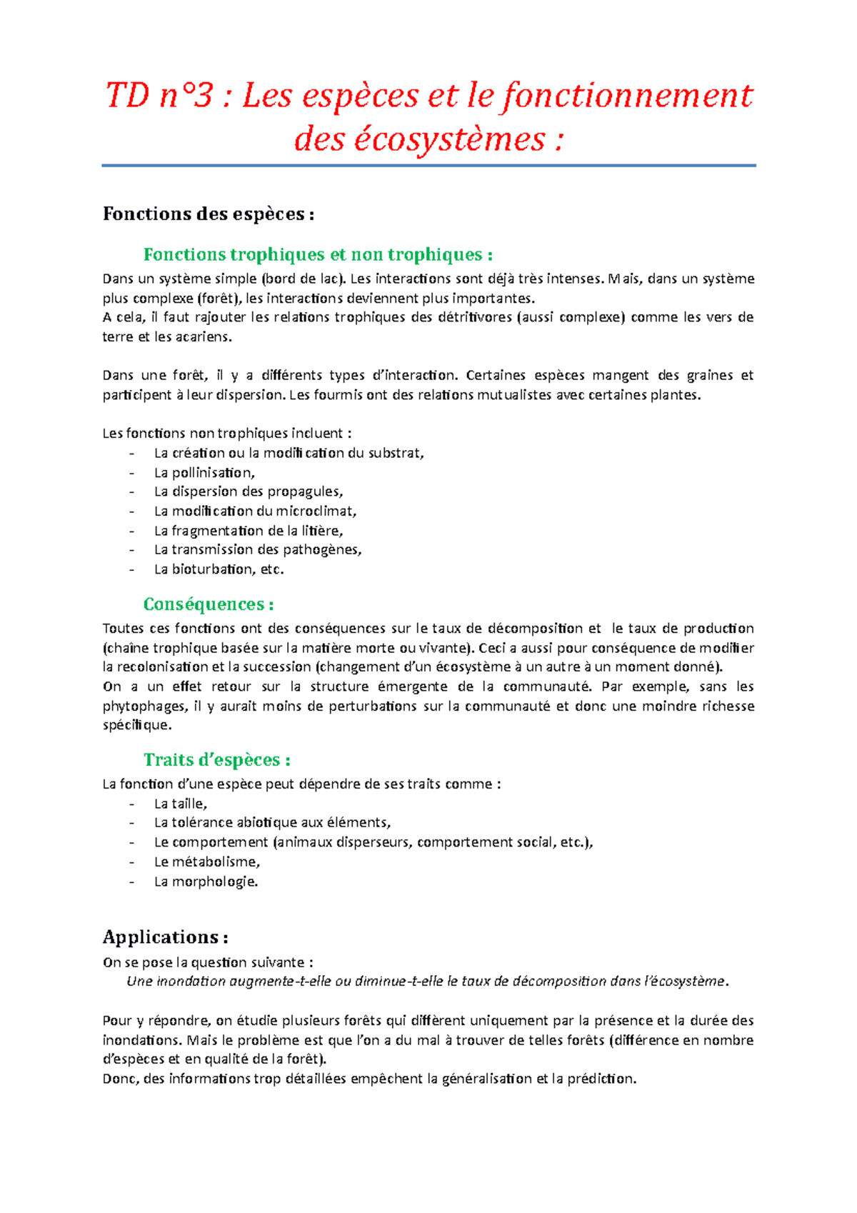 TD 3 - Communauté et Structure des Ecosystèmes - TD n°3 : Les espèces ...