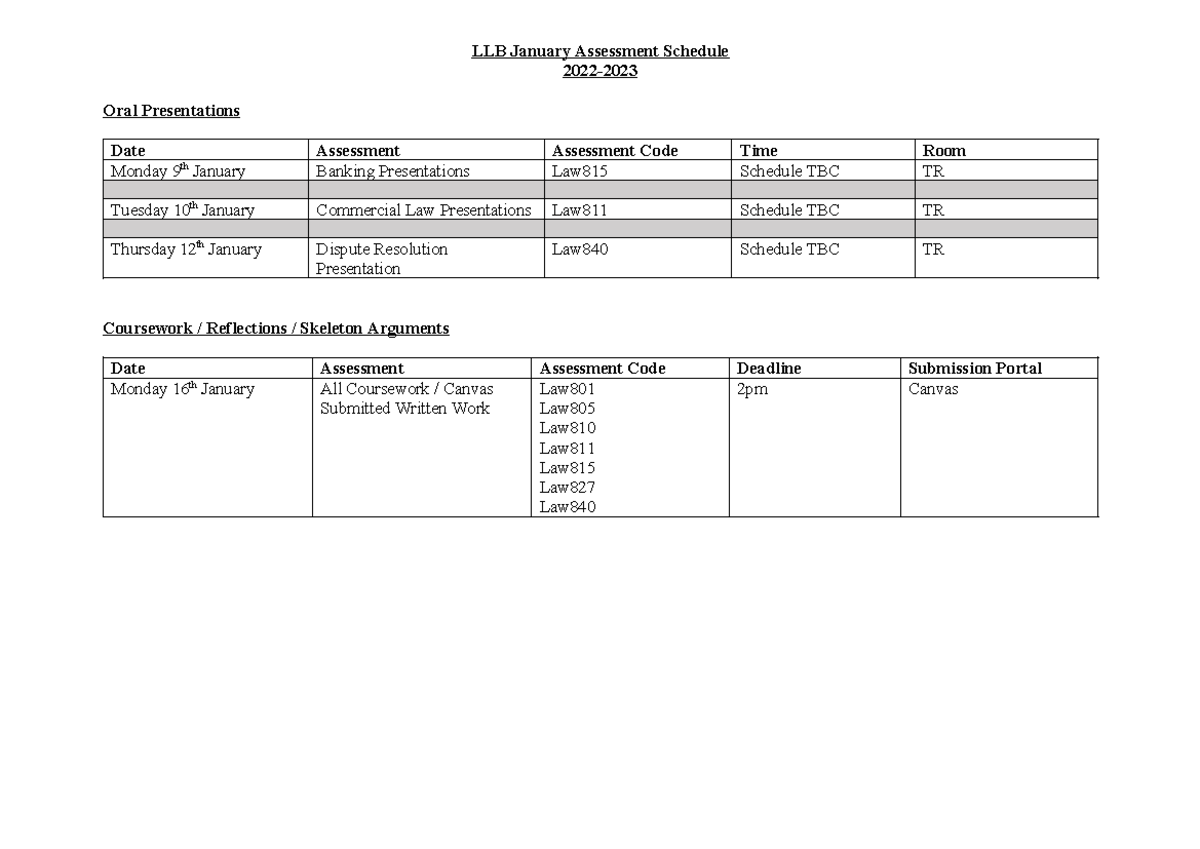 LLB January 2022-2023 Final Assessment Schedule ( Final) - LLB January ...