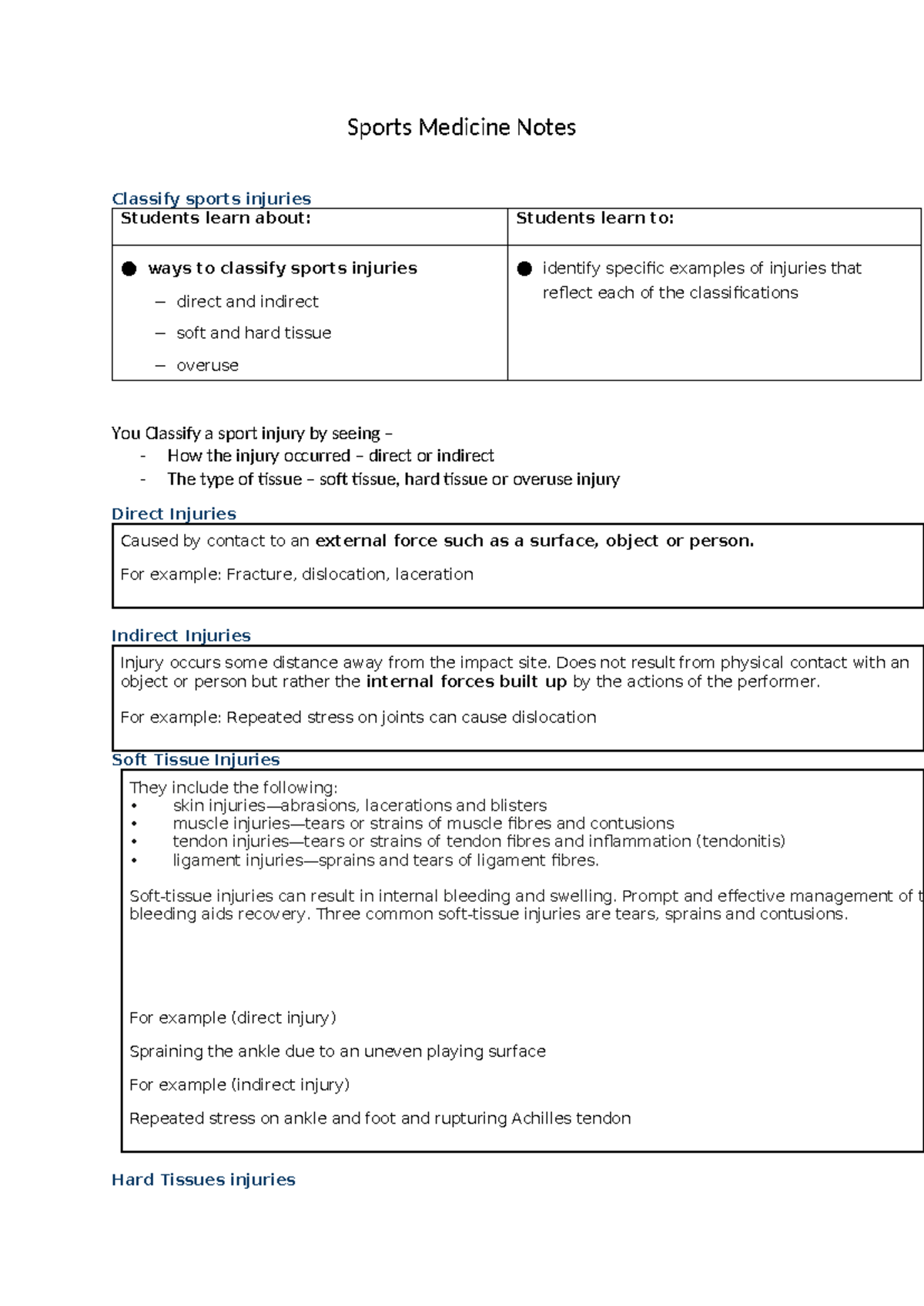 Sports Medicine Notes - Sports Medicine Notes Classify sports injuries ...
