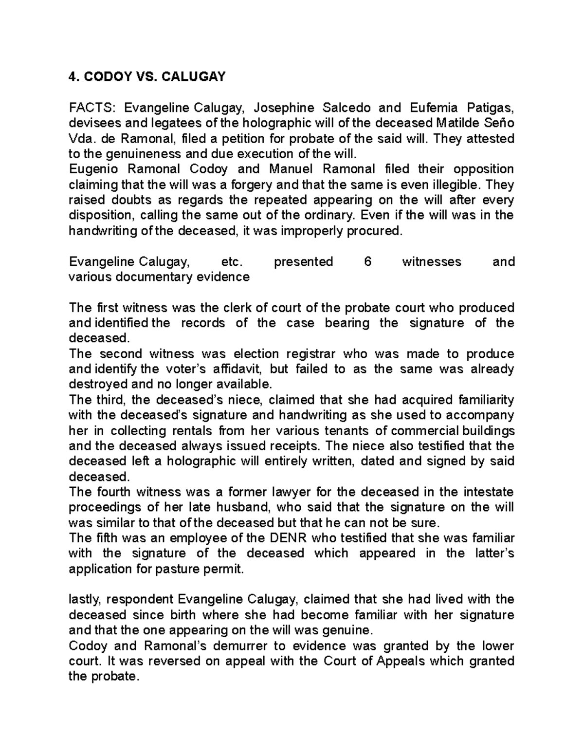 Codoy-VS- Calugay - digest - 4. CODOY VS. CALUGAY FACTS: Evangeline ...