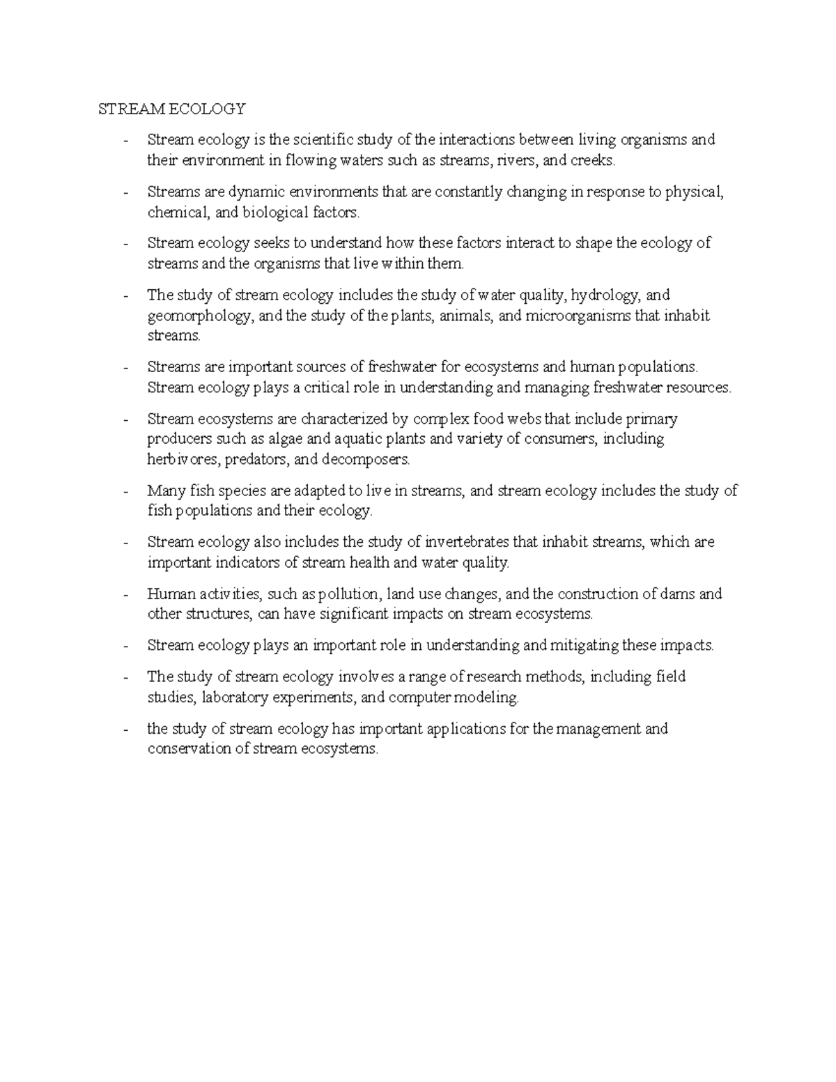 Stream Ecology Notes 1 - STREAM ECOLOGY Stream ecology is the ...