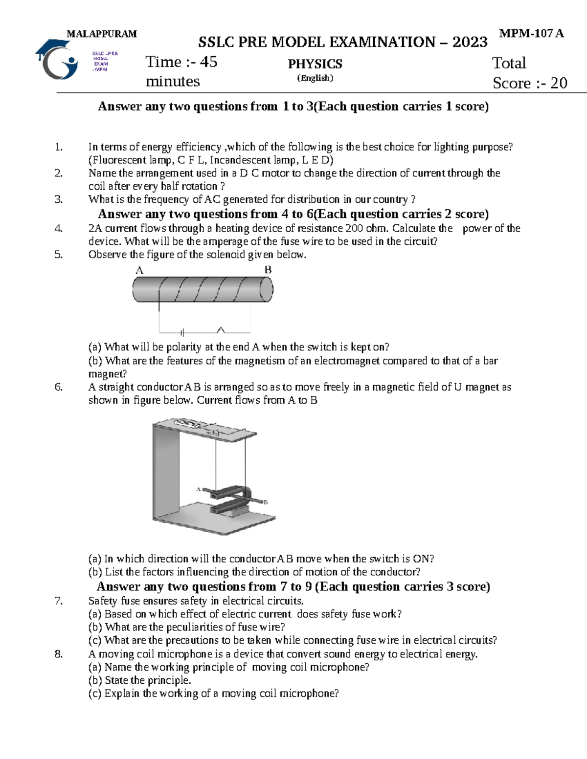 Kerala SSLC Premodel Exam Physics Question Paper 2023 Set A (Eng Med ...