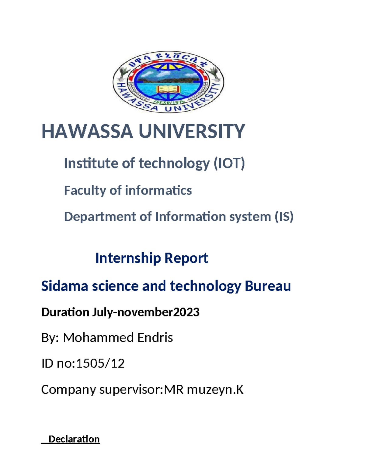 Apparentship Report Hawassa University - HAWASSA UNIVERSITY Institute of technology (IOT ...