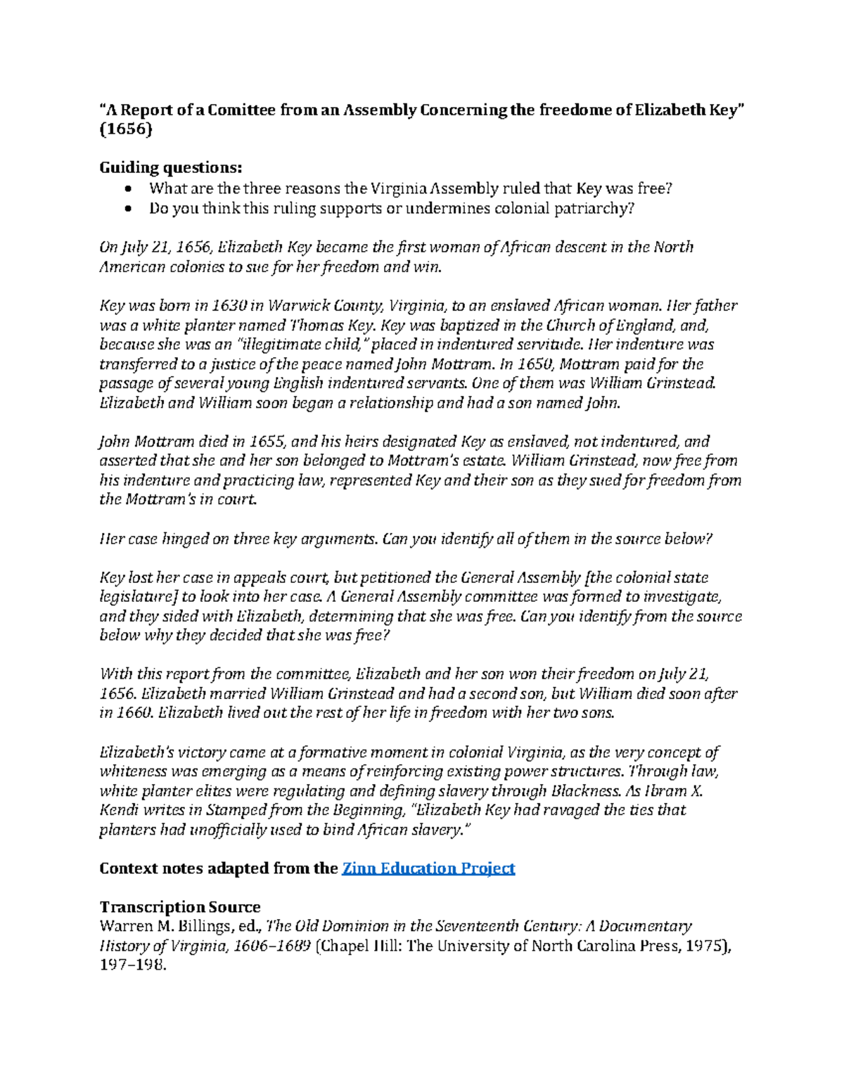 Elizabeth Key report - Natalie Ring - “A Report of a Comittee from an ...
