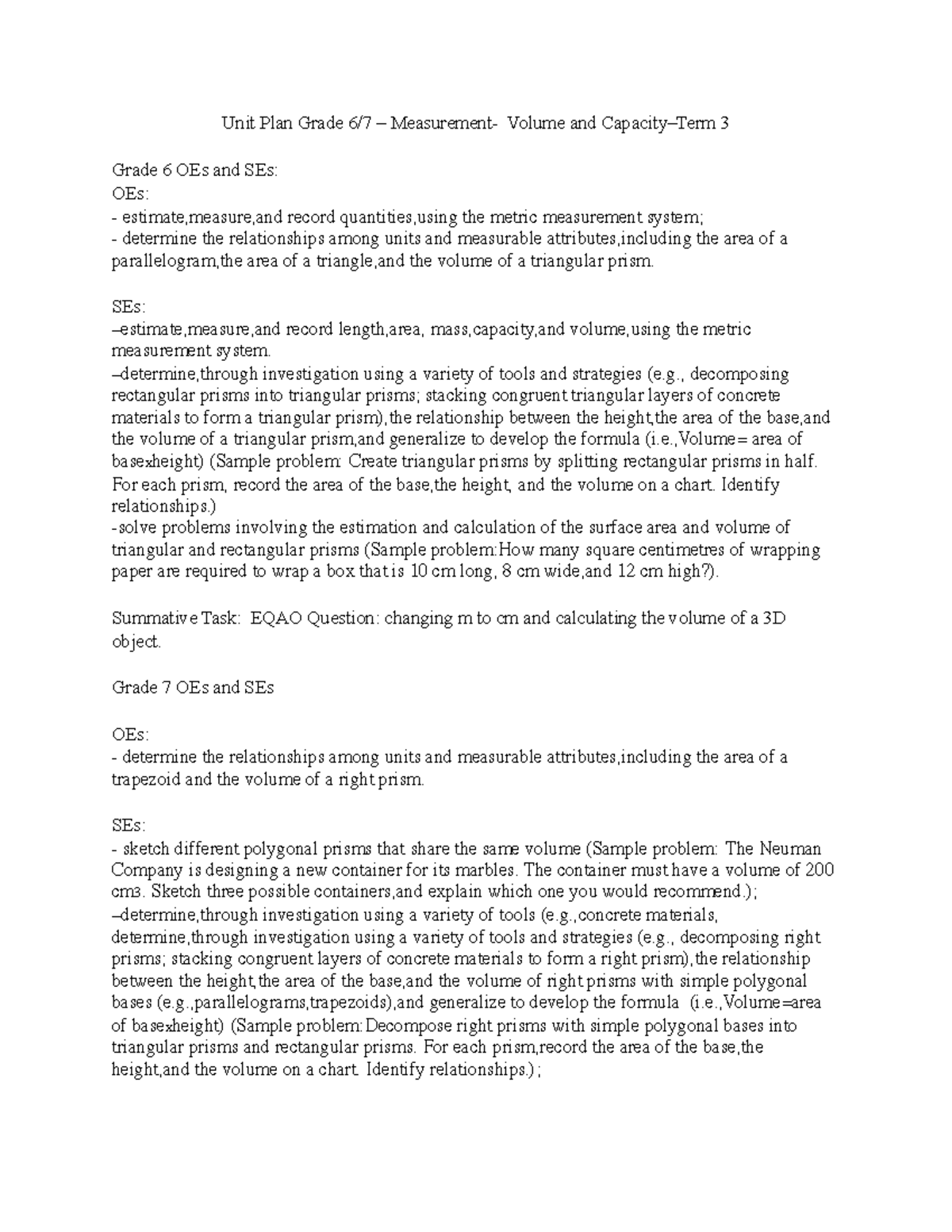Measurement volume capacity - Unit Plan Grade 6/7 – Measurement- Volume ...