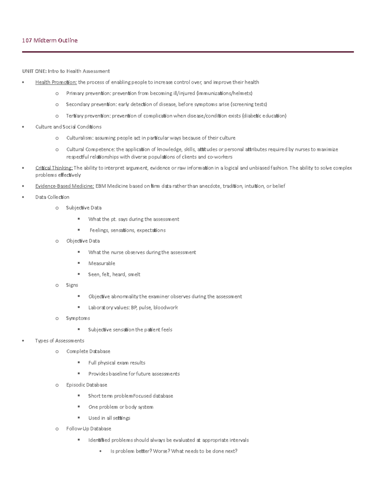 CNUR 107 Midterm Outline - 107 Midterm Outline UNIT ONE: Intro to ...