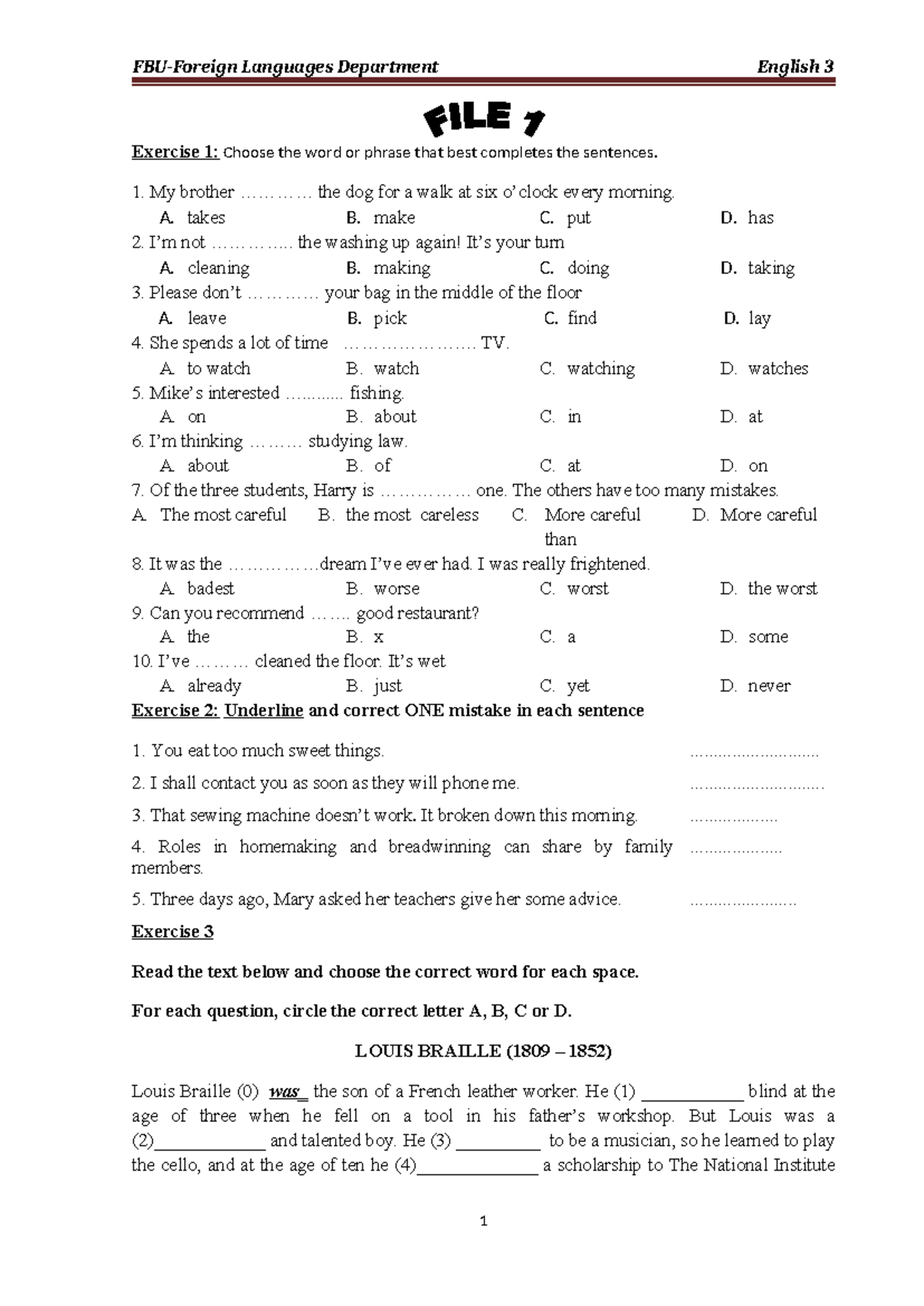 SELF- Study Material ( English 3)- Final - ####### Exercise 1: Choose ...
