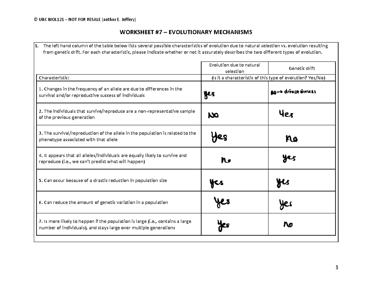 Natural Selection AND Genetic Drift - WORKSHEET #7 – EVOLUTIONARY ...