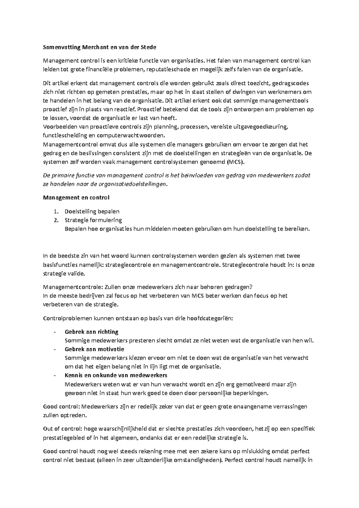 Samenvatting merchant en van der Stede - Samenvatting Merchant en van ...