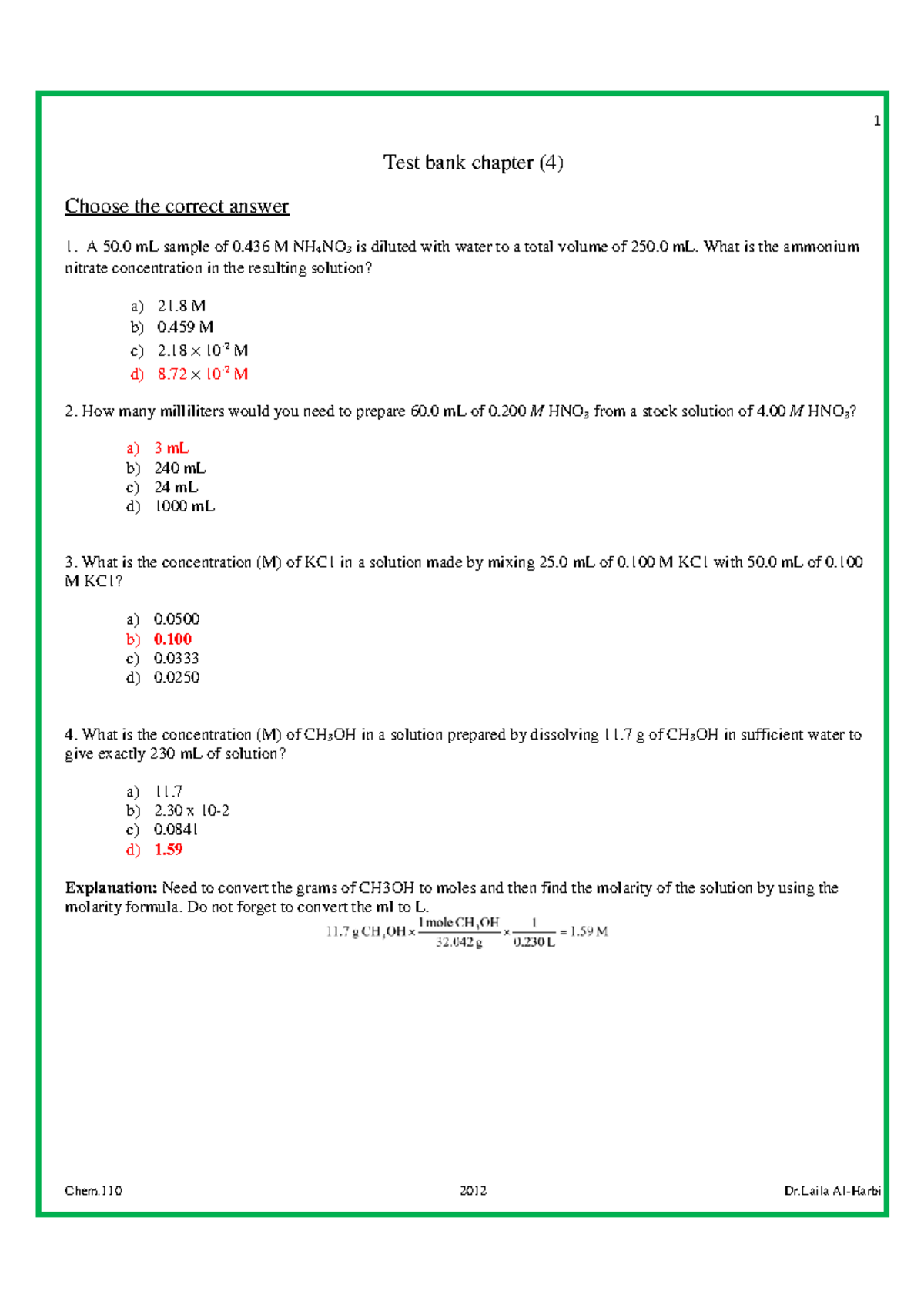 Test4 - test bank chapter 4 zumdahl - 1 Chem 2012 Dr Al-Harbi Test bank ...