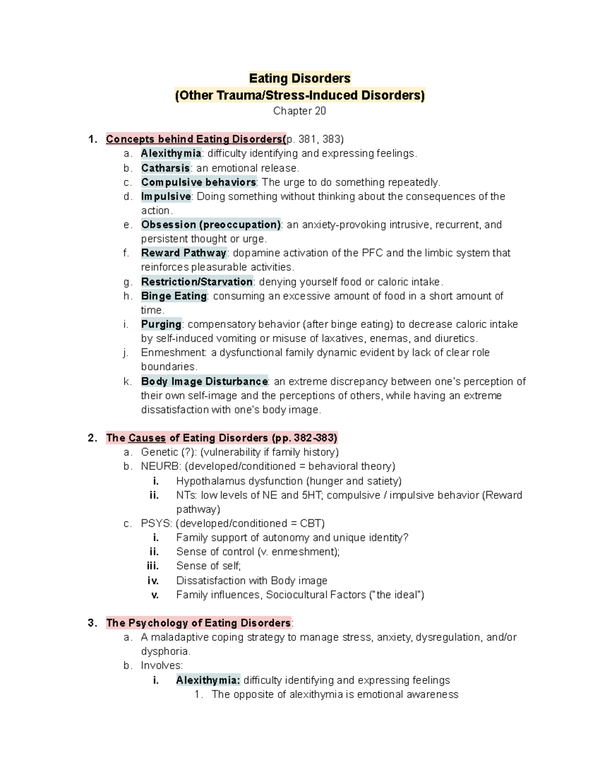 Class Eating Disorder Notes - Eating Disorders (Other Trauma/Stress ...