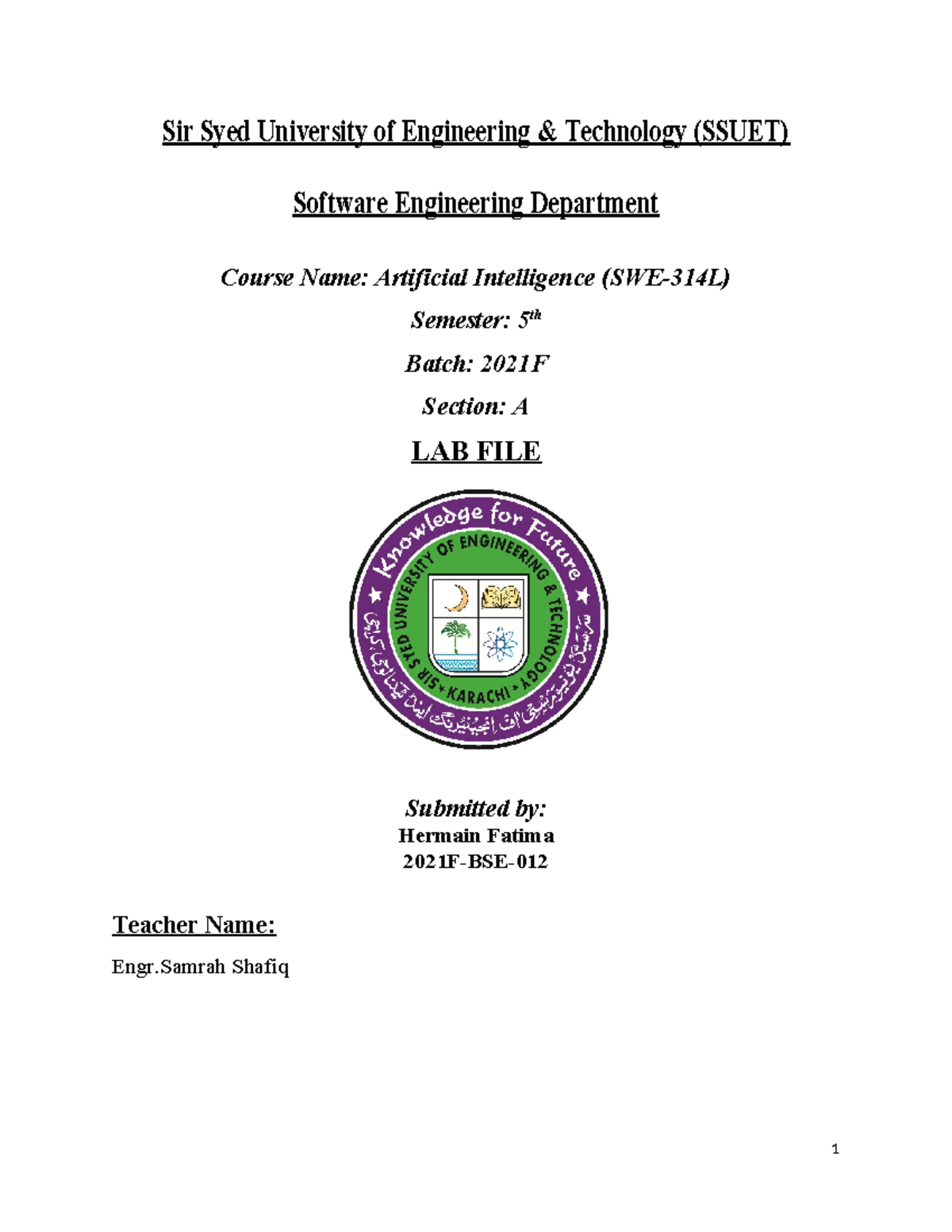 Title - lab manual - Artificial intelligence - Sir Syed University of Engineering & Technology ...