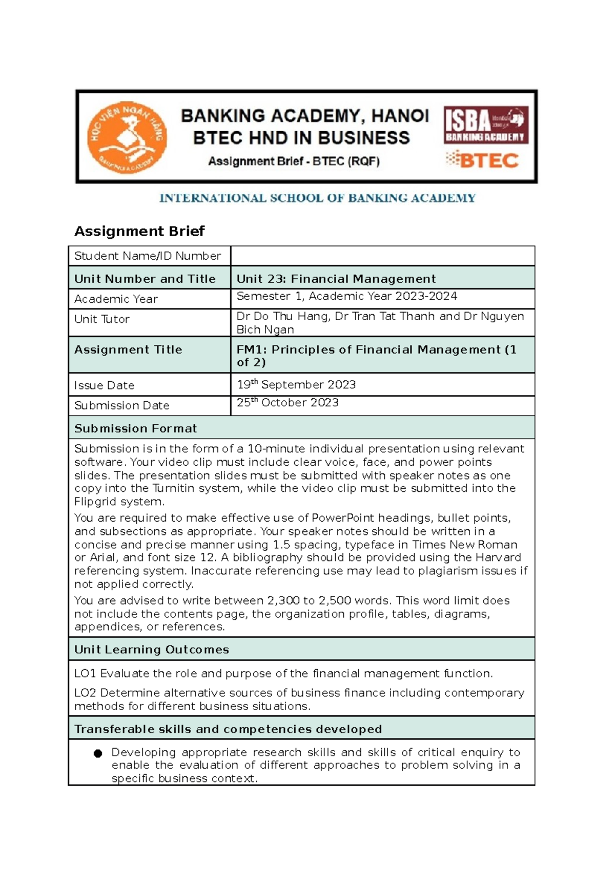 Assignment Brief 1 - FM - FM A1 2023 - Assignment Brief Student Name/ID Number Unit Number and ...