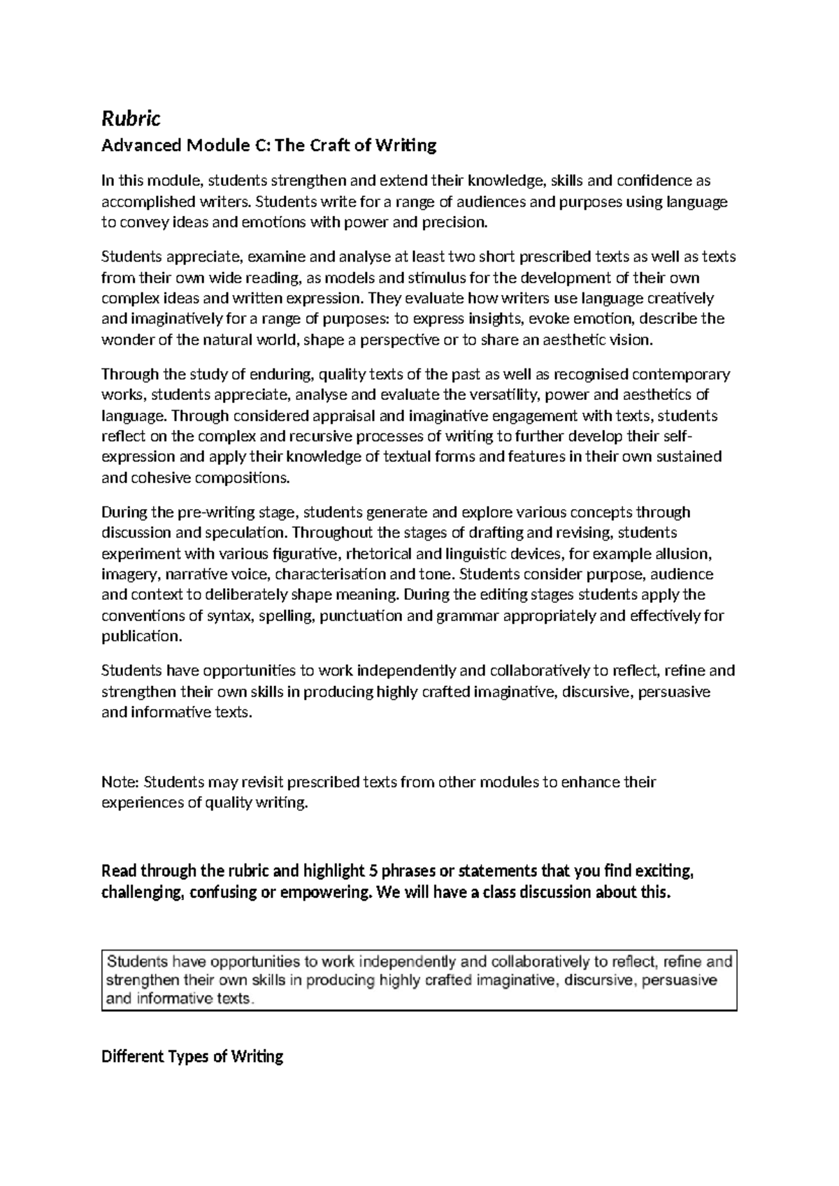 Mod c help - Mod c guide - Rubric Advanced Module C: The Craft of ...