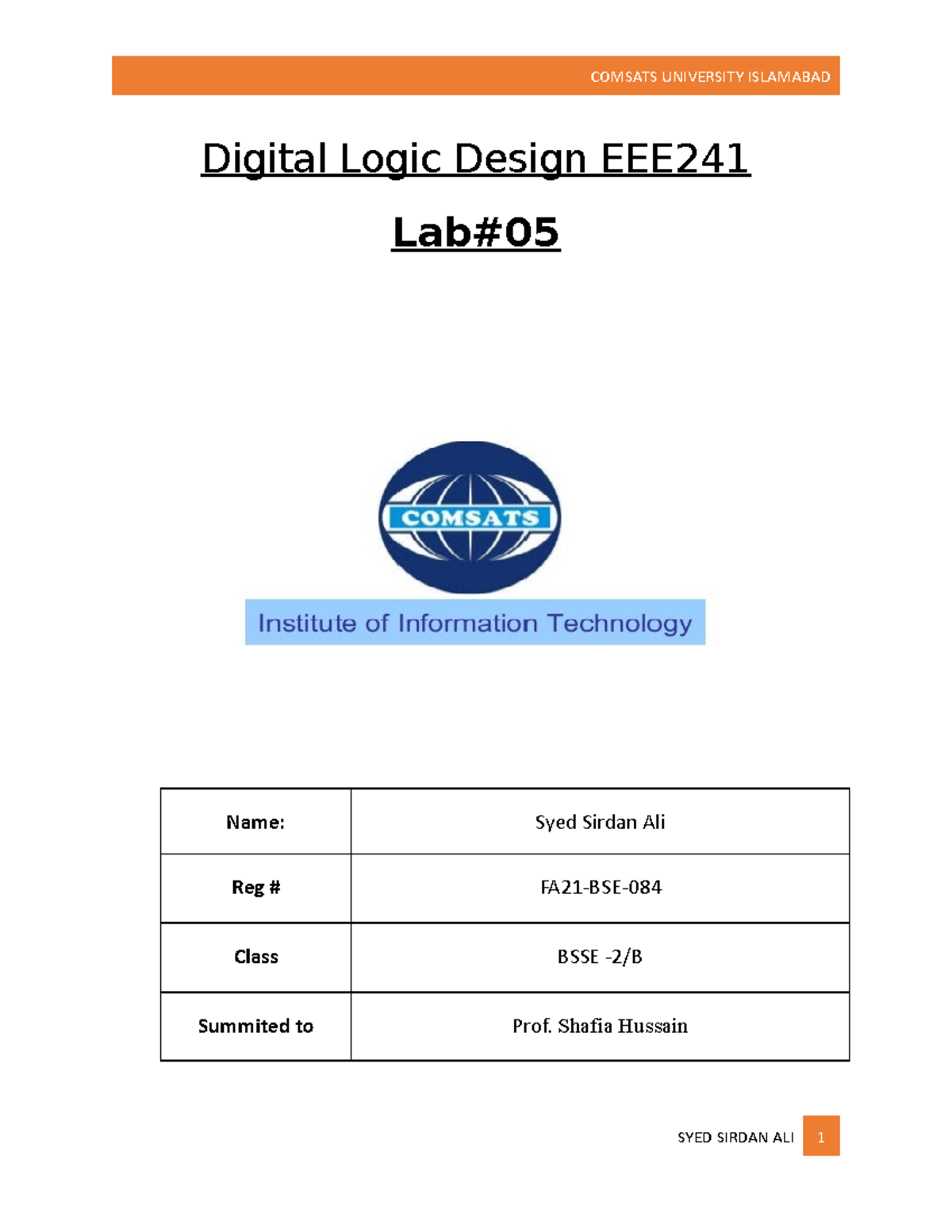 Dld Lab 5docx Dld Lab Digital Logic Design Eee Lab Name Syed Sirdan Ali Reg Fa21 Bse 
