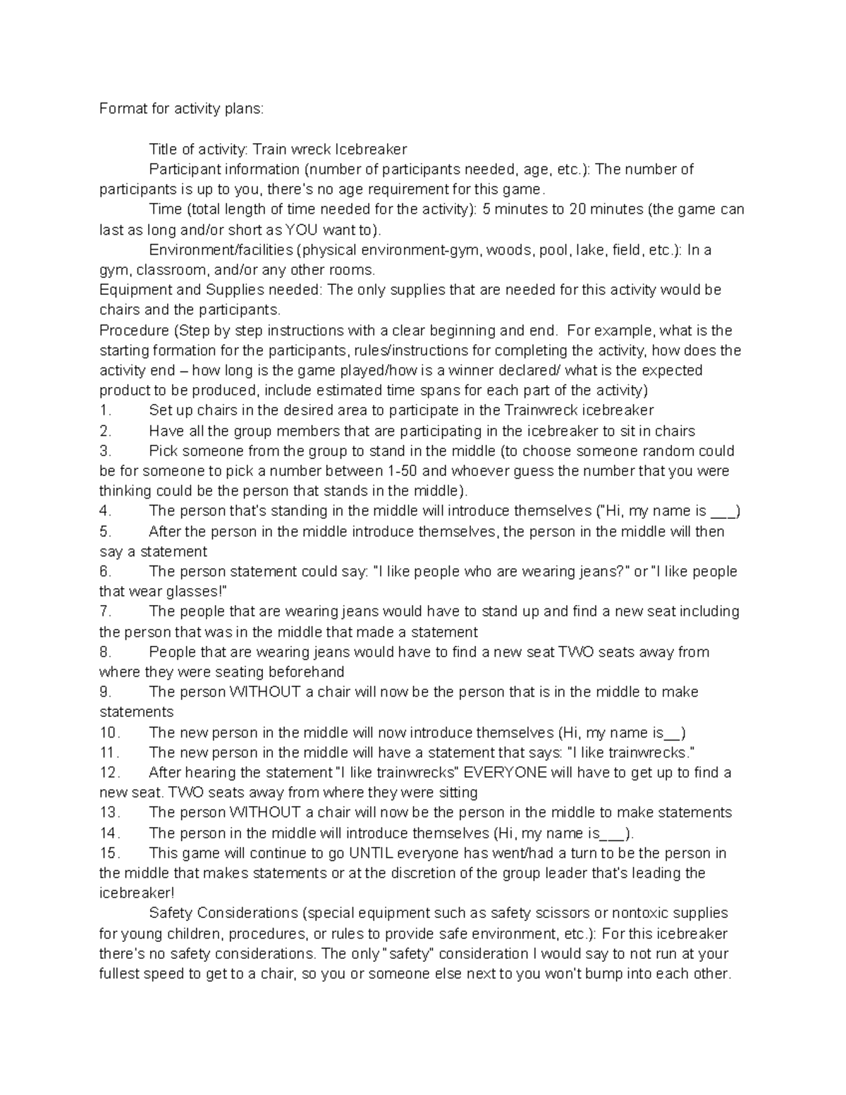 La Krista Sanders -Ice Breakers - Format for activity plans: Title of ...