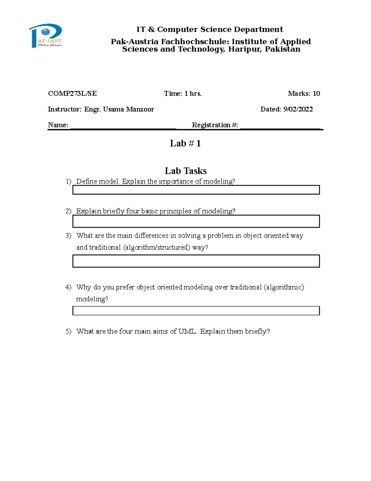 SE-COMP273 LAB 1 Introduction to UML - COMP273L/SE Time: 1 hrs. Marks ...