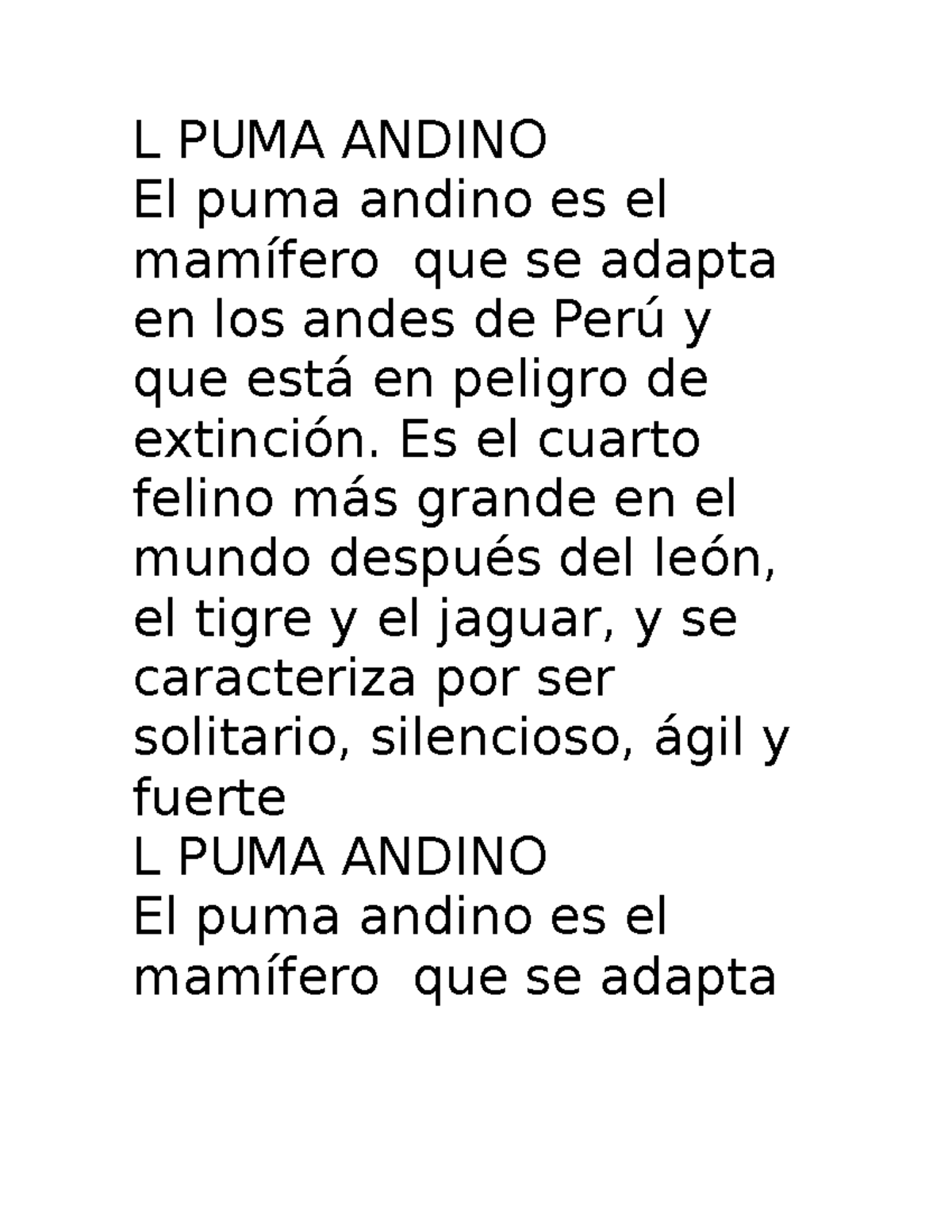 L PUMA Andino - L PUMA ANDINO El puma andino es el mamífero que se ...