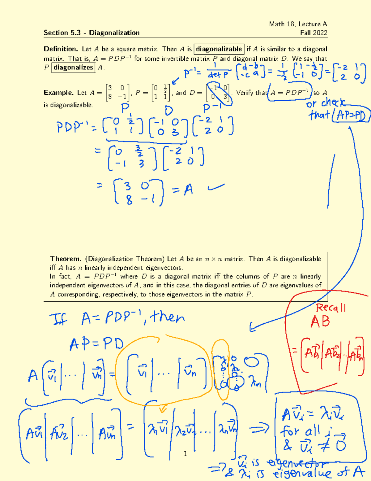 Section 5 - 5.3 - Section 5 - Diagonalization Fall 2022 Definition. Let A be a square matrix ...