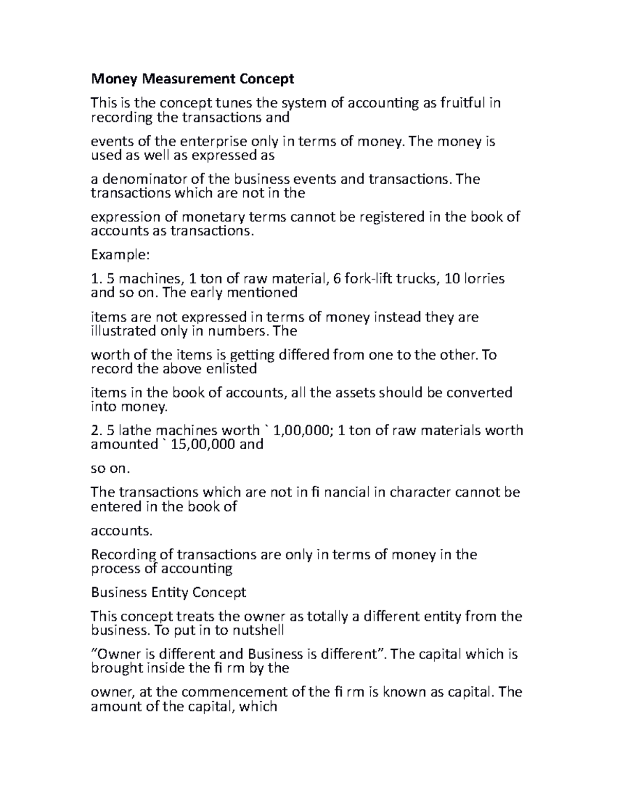 Money Measurement Concept notes - Money Measurement Concept This is the ...