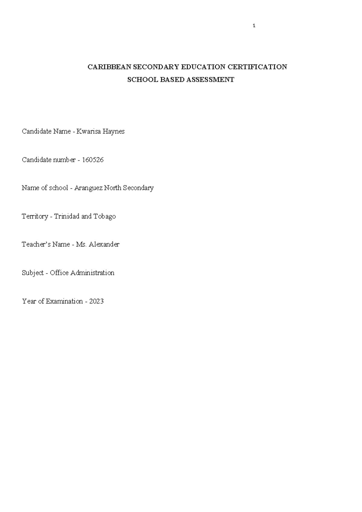 OA SBA - CARIBBEAN SECONDARY EDUCATION CERTIFICATION SCHOOL BASED ...