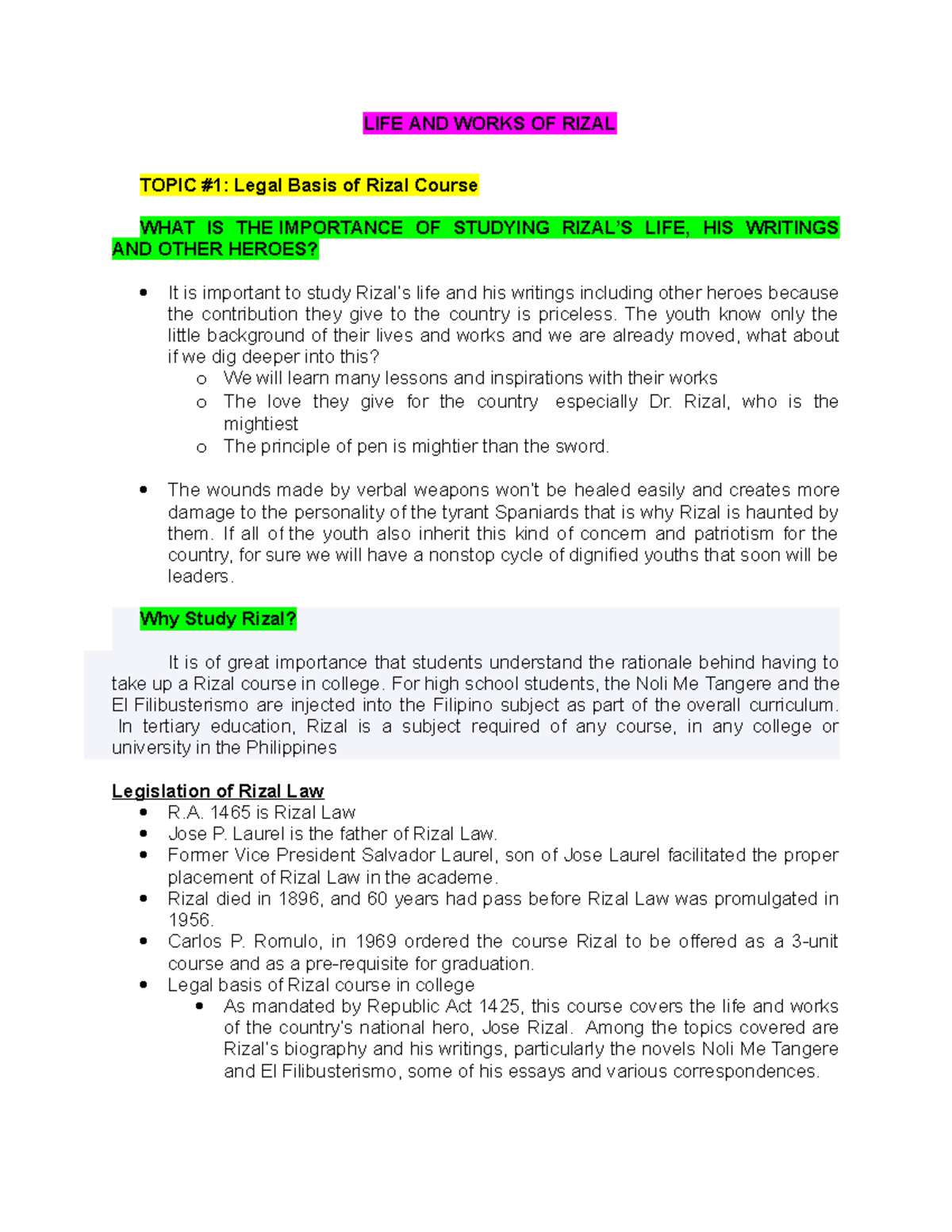 LIFE AND Works OF Rizal - LIFE AND WORKS OF RIZAL TOPIC #1: Legal Basis ...