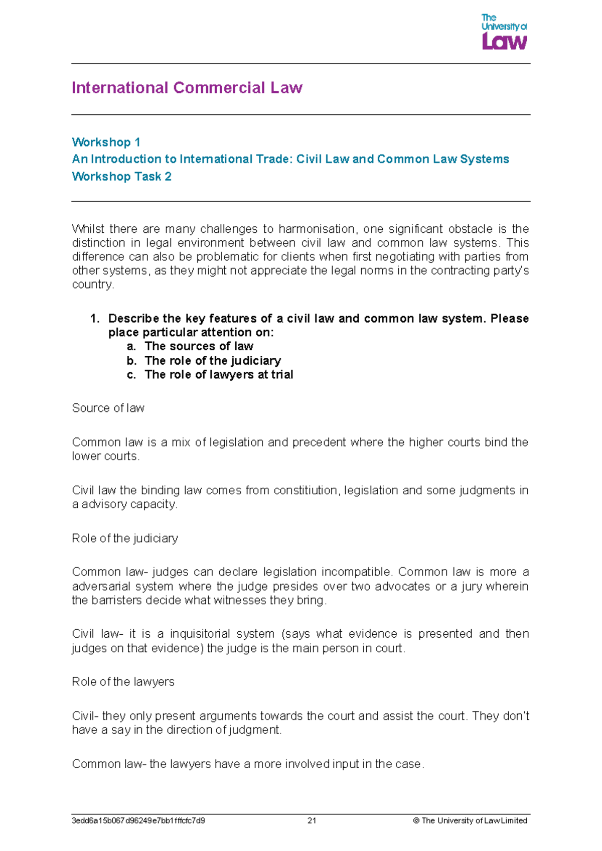 ICL ws1 task2 - Lecture notes - International Commercial Law Workshop 1 ...