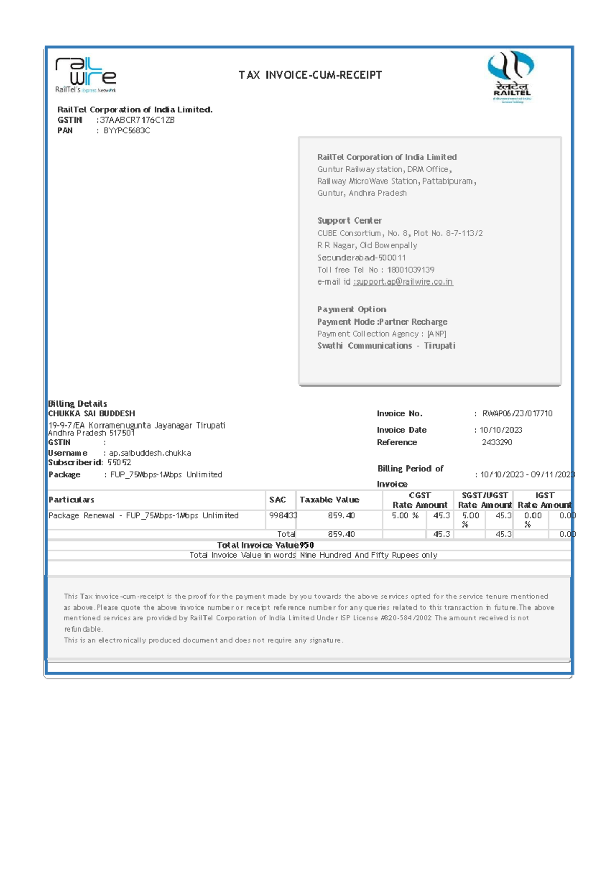 Wifi Bill October - hiiol - TAX INVOICE-CUM-RECEIPT RailTel Corporation ...