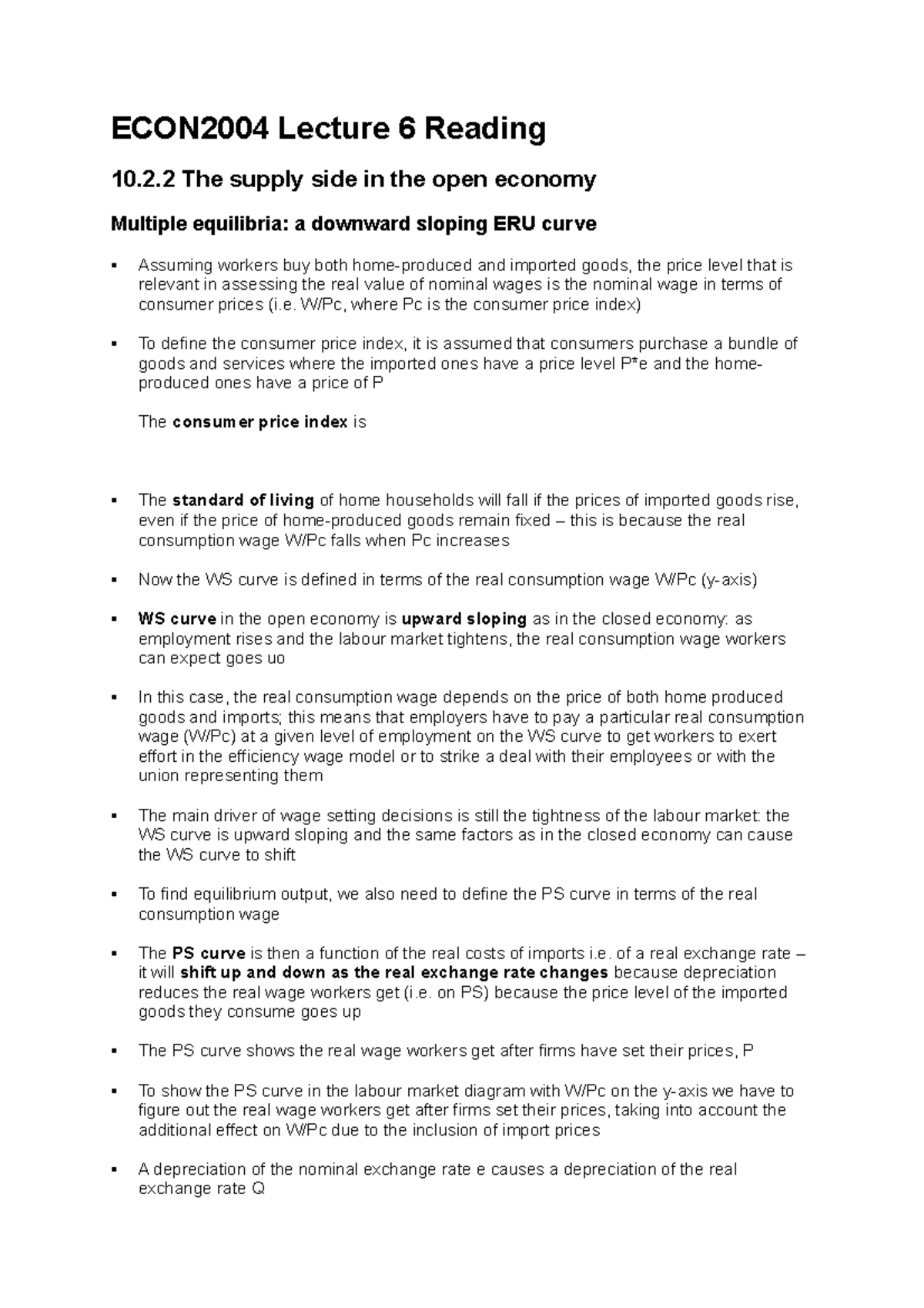 ECON2004 Term 2 Lecture 6 Reading - ECON2004 Lecture 6 Reading 10.2 The supply side in the open ...