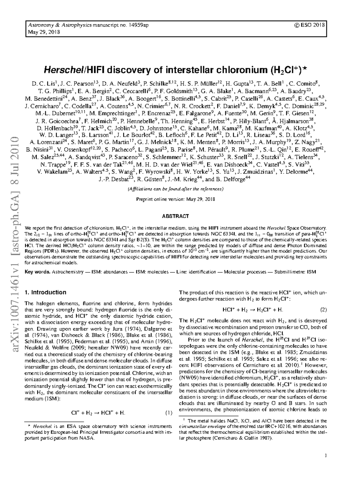 Herschel HIFI discovery of interstellar chloronium - arXiv:1007 [astro ...