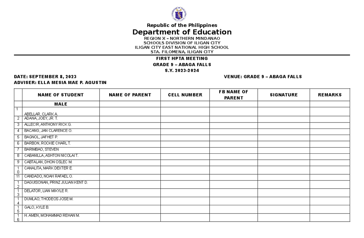 Attendance First HPTA Meeting - Republic of the Philippines Department ...