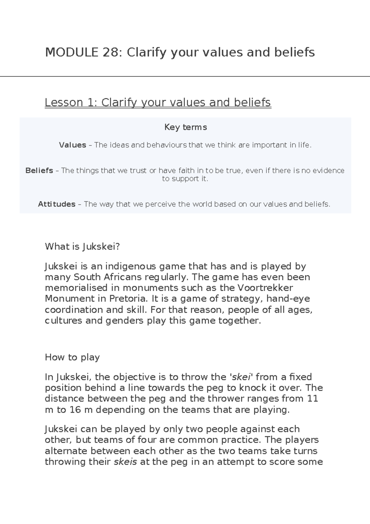 Module 28- Clarify your values and beliefs and Jukskei and HIIT - MODULE 28: Clarify your values ...