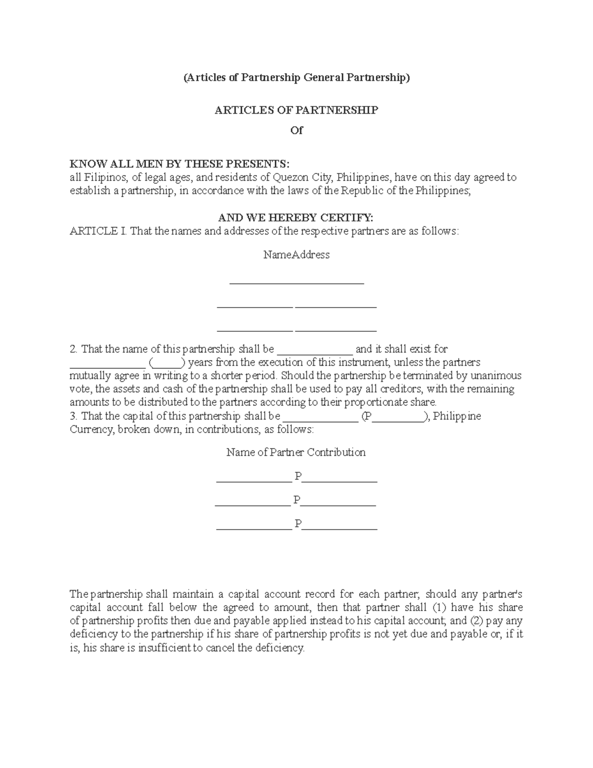Articles of Partnership in Law - (Articles of Partnership General ...