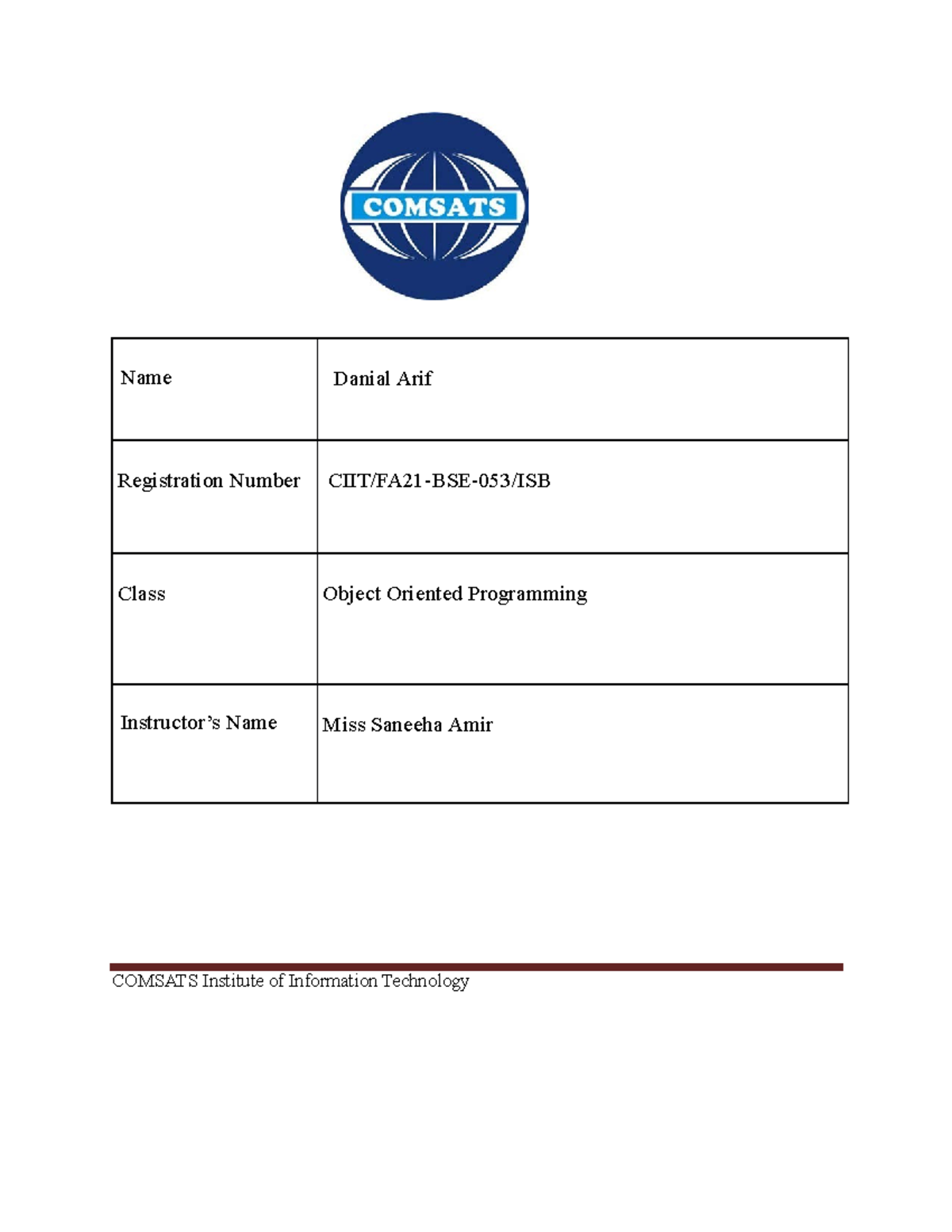 Lab Assignment 1 Oop Name Danial Arif Registration Number Ciitfa21 6227