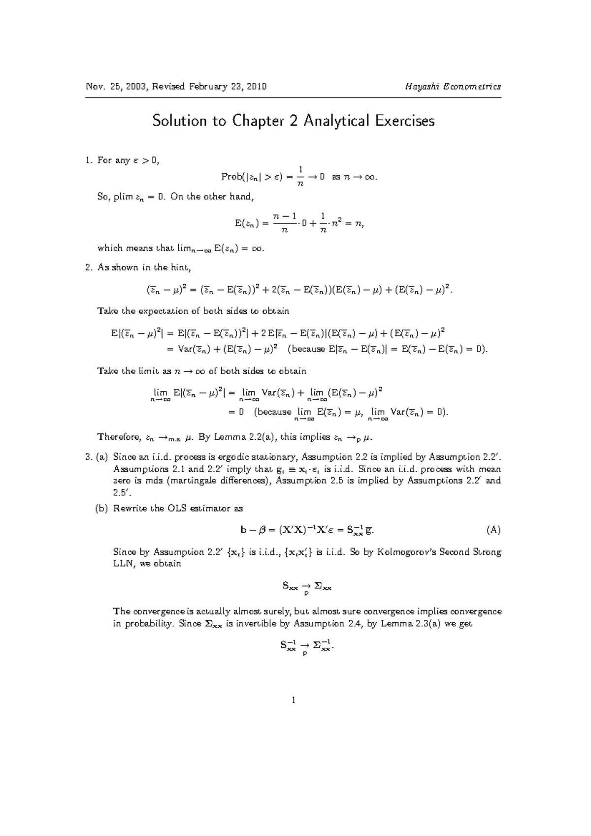 Solution to Chapter 2 Hayashi Analytical Exercises - Nov. 25, 2003 ...