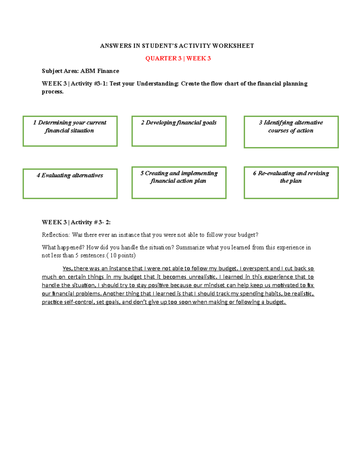 ABM Finance Week 3 4 - ANSWERS IN STUDENT’S ACTIVITY WORKSHEET QUARTER ...