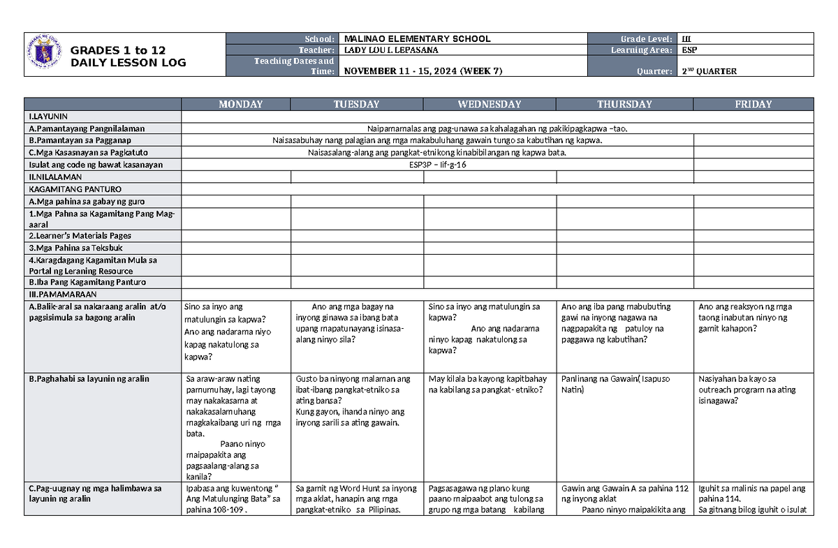 DLL ESP 3 Q2 W7 - esp - GRADES 1 to 12 DAILY LESSON LOG School: MALINAO ...